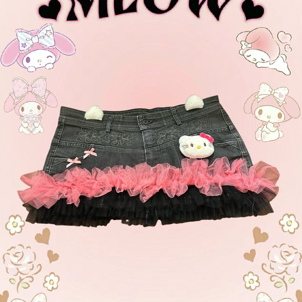 Black And Pink Hello Kitty Mini Skirt With Frilly Hem - Gem